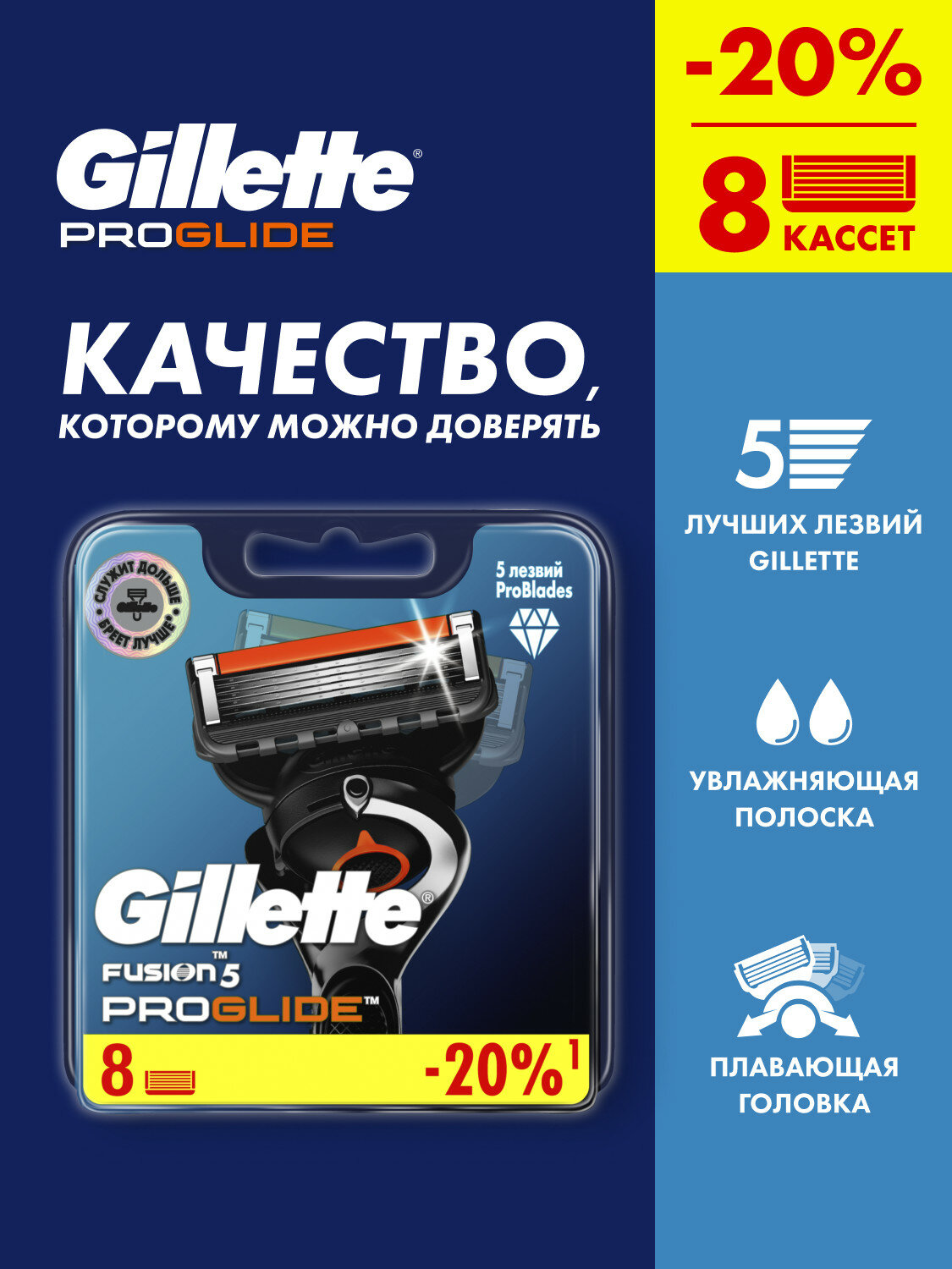 GILLETTE Fusion 5 ProGlide Сменные кассеты для бритья с 5 лезвиями, мужские, 8 шт