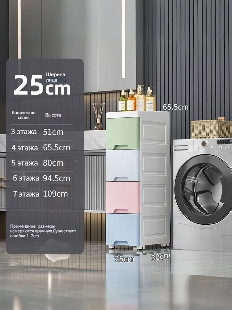 Комод для ванной, 4 ящика, пластик, 25х30x65.5 см, голубой/розовый/зеленый