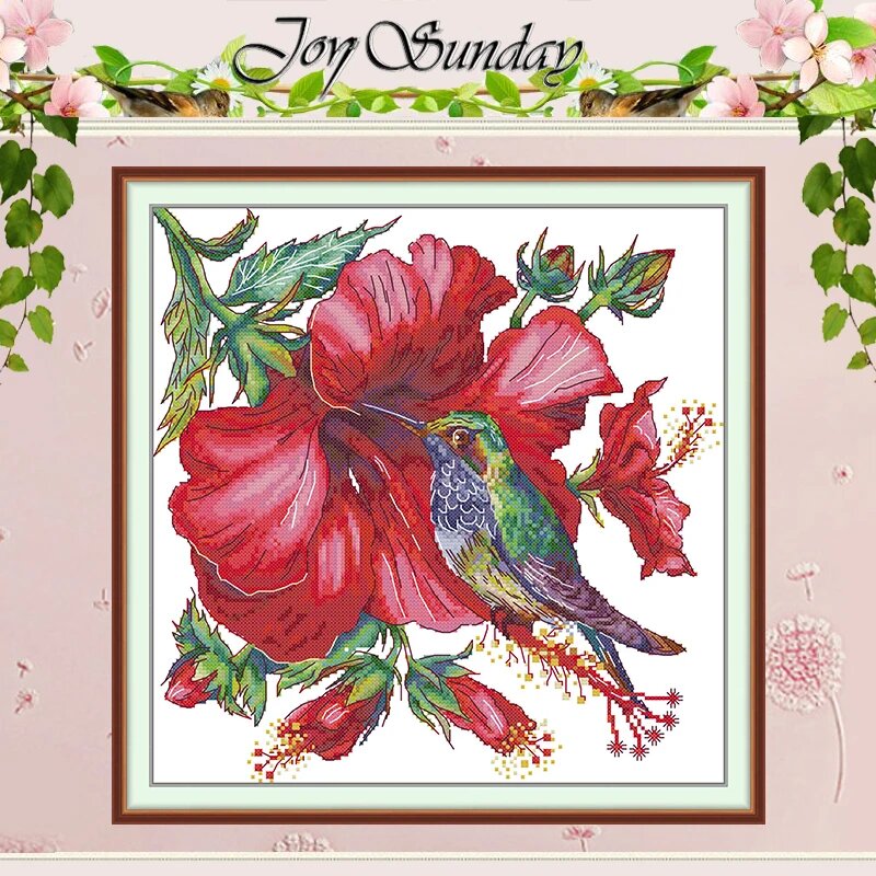 Набор для вышивки крестом Joy Sunday Hibiscus and Hummingbird 16CT HD printed