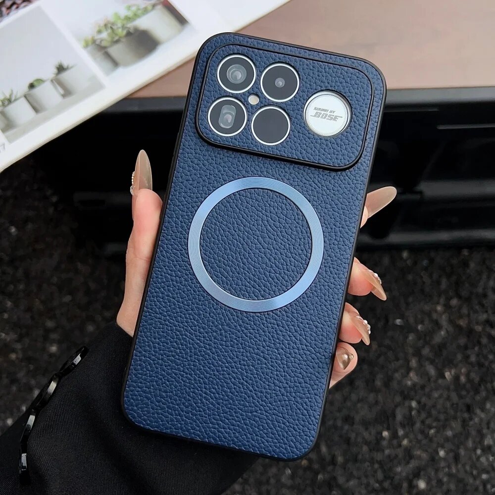 Кожаный чехол Poco F8 Ultra, темно-синий, MagSafe