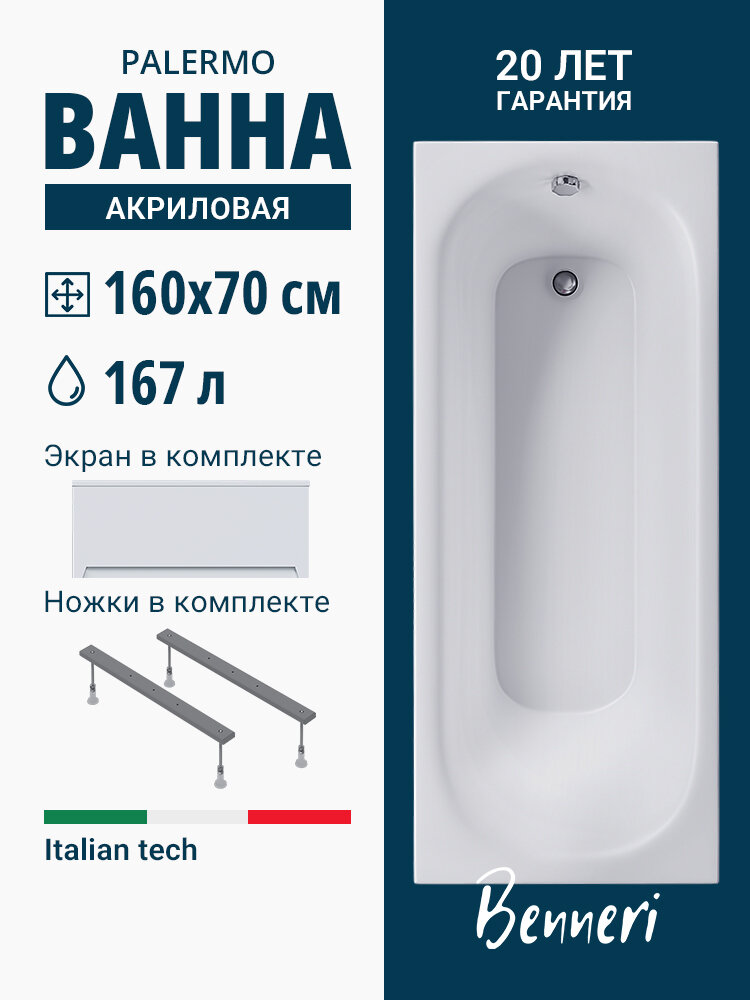 Ванна акриловая 160x70 с ножками и экраном Benneri Palermo, пристенная 100% акрил