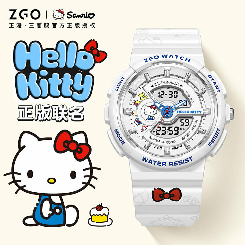 Часы Sanrio Hello Kitty для школьников, светящиеся новогодние спортивные часы с двойным дисплеем для девочек, детские электронные часы.