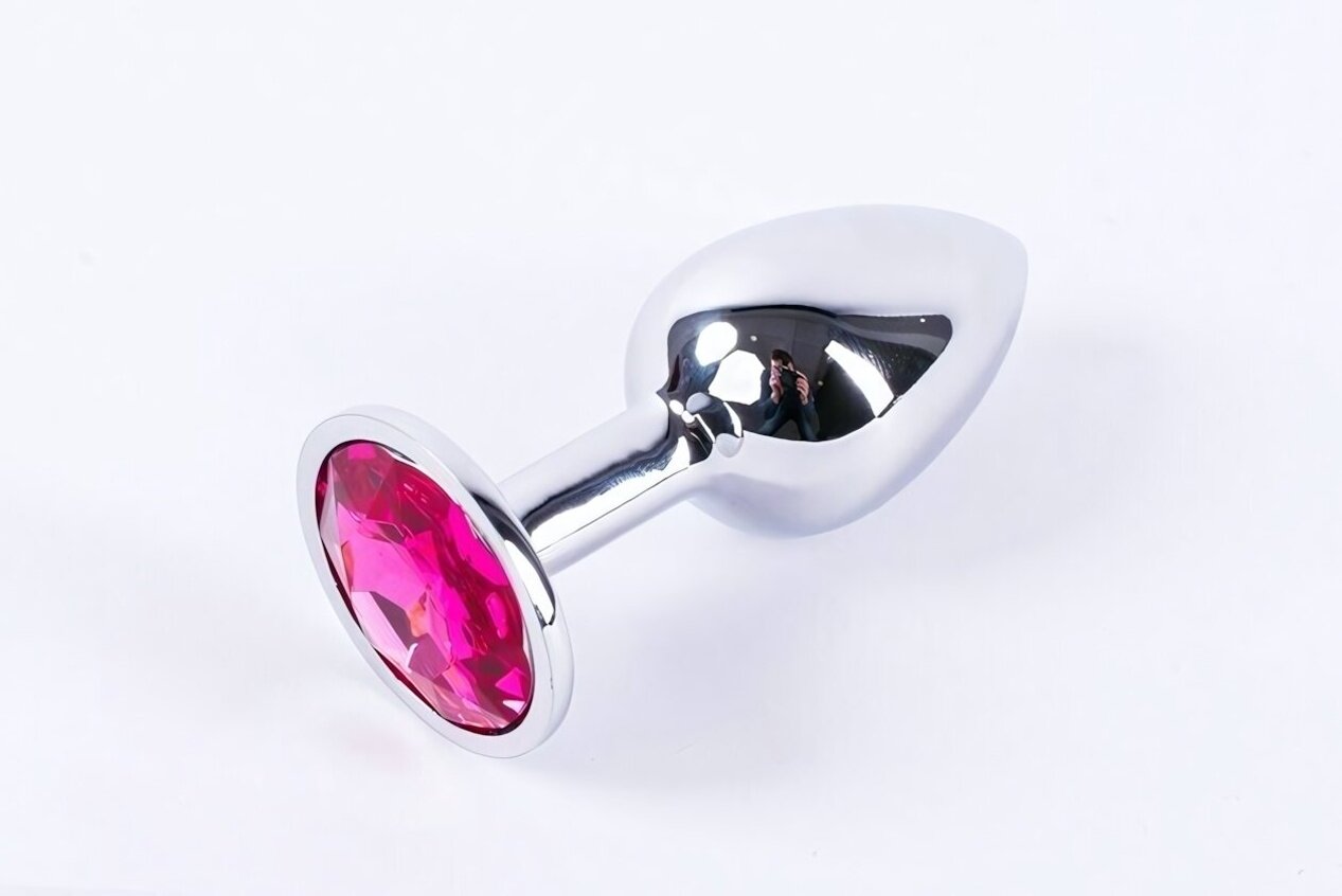 Анальная пробка металлическая с розовым кристаллом, серебристая, 6х2.8 см, мешочек в комплекте