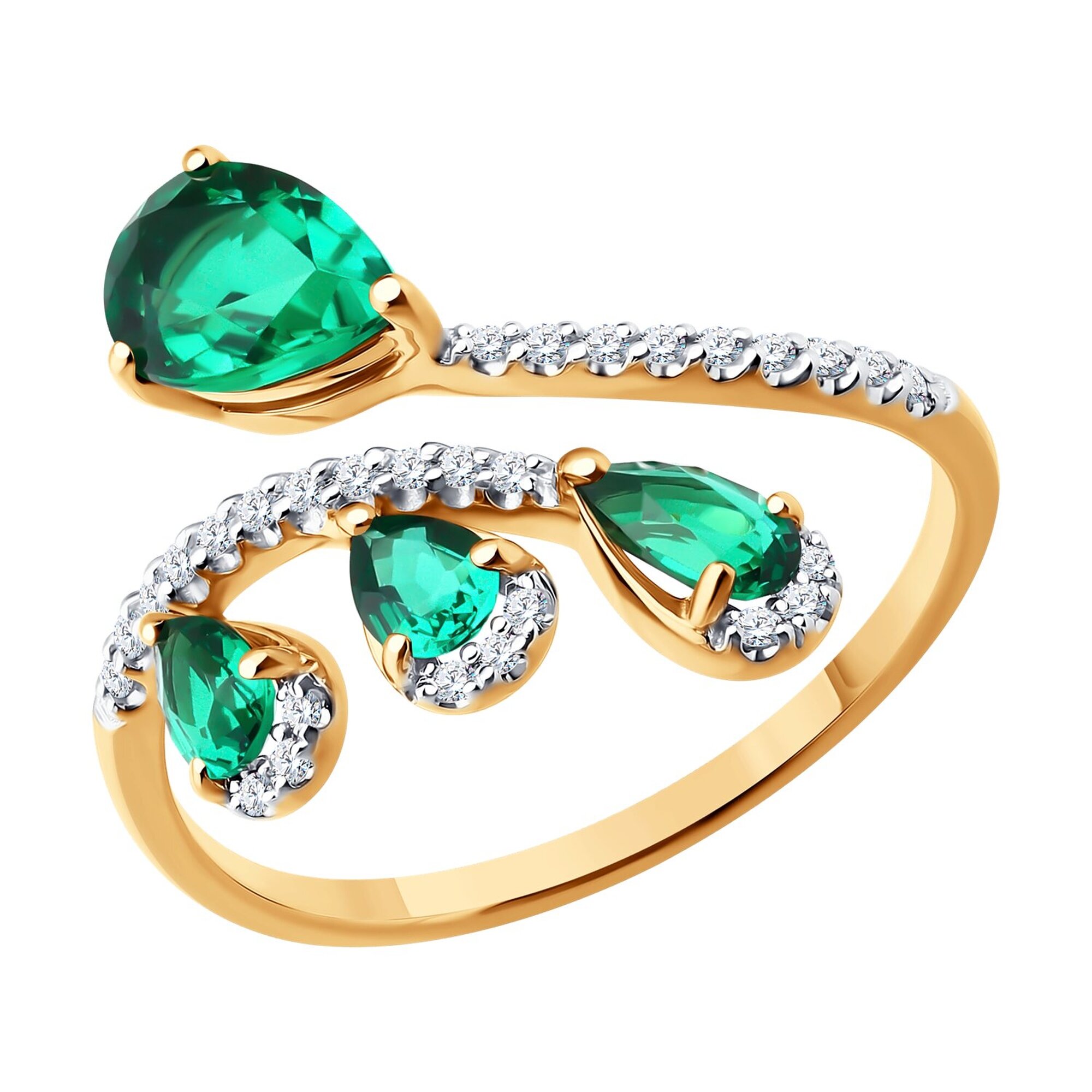 Кольцо, красное золото, 585 проба, изумруд синтетический, бриллиант