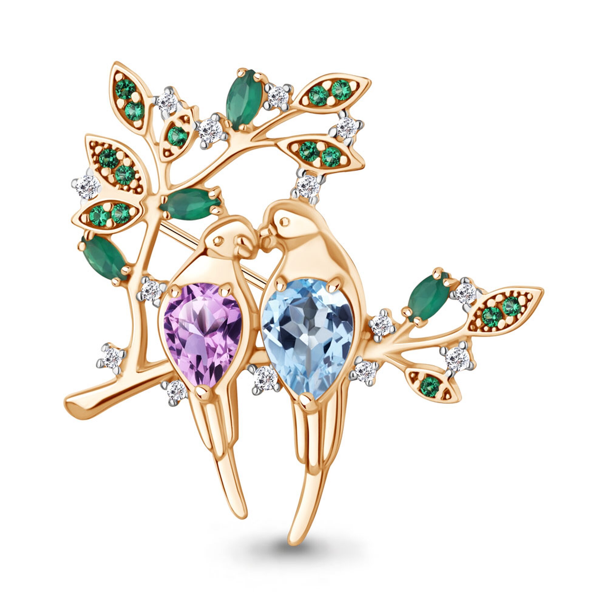 Брошь, серебро, 925 проба, золочение, аметист, изумруд синтетический, топаз, фианит, агат