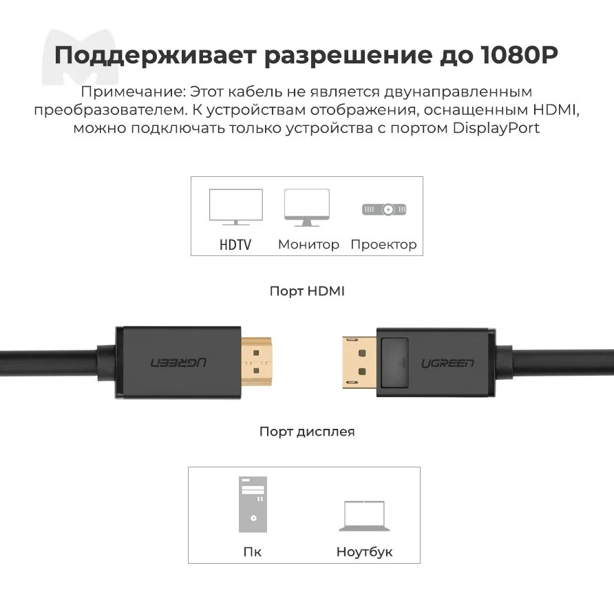 Видео кабель Ugreen DP101 DisplayPort (m) - HDMI (m), 2м, черный [10202]