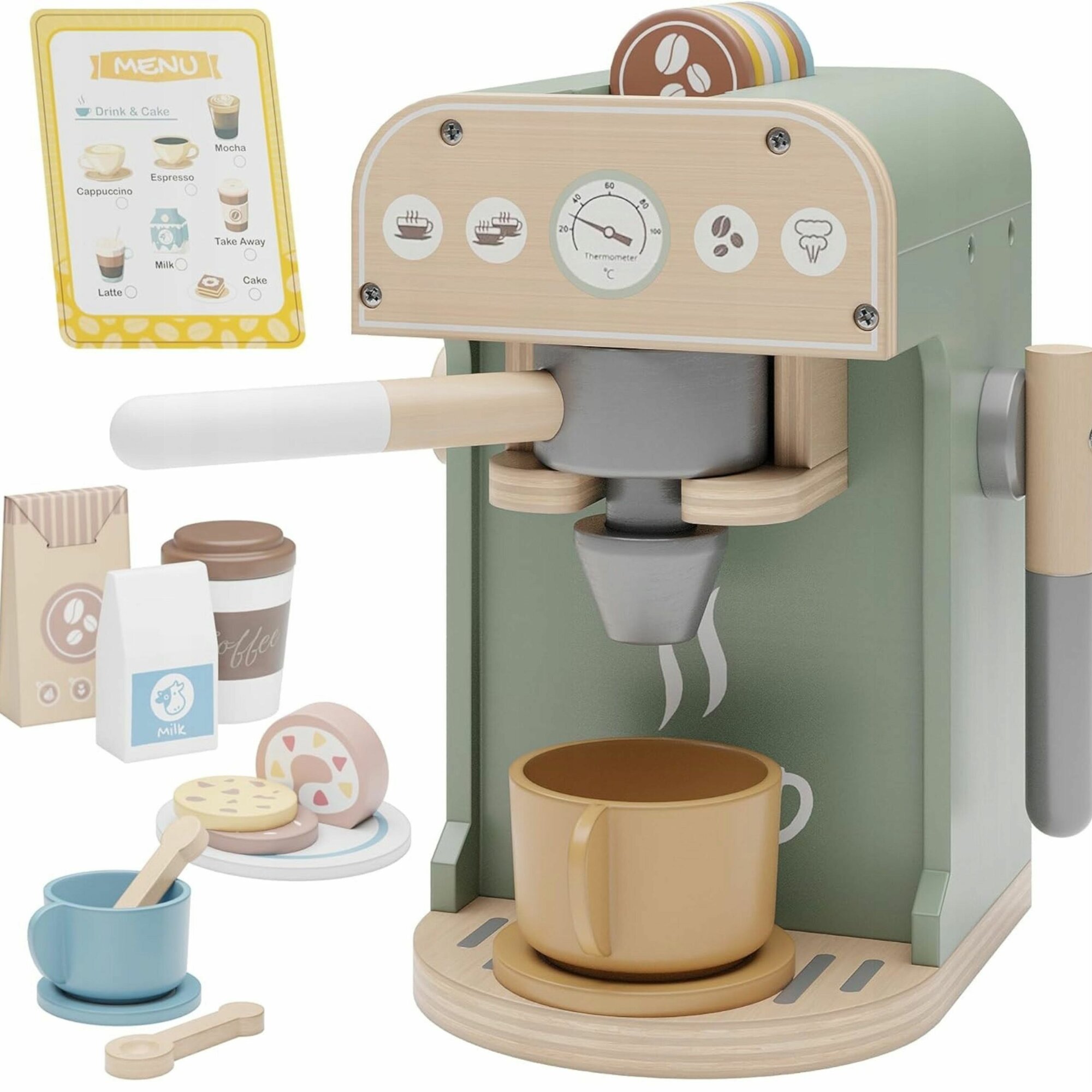 Деревянный игровой набор Tooky Toy - Кофемашина с аксессуарами, 25 эл.- TJ269