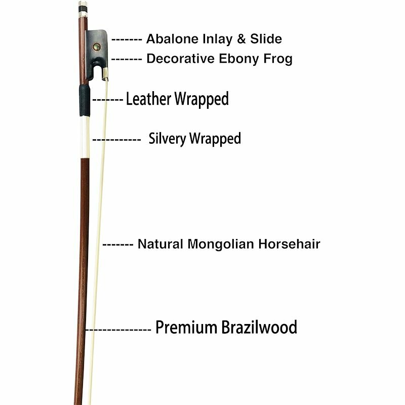 Смычок для виолончели 4/4 - древко из бразильского дерева, натуральный монгольский конский волос, обмотка из кожи и серебряной проволоки, хорошо сбалансирован