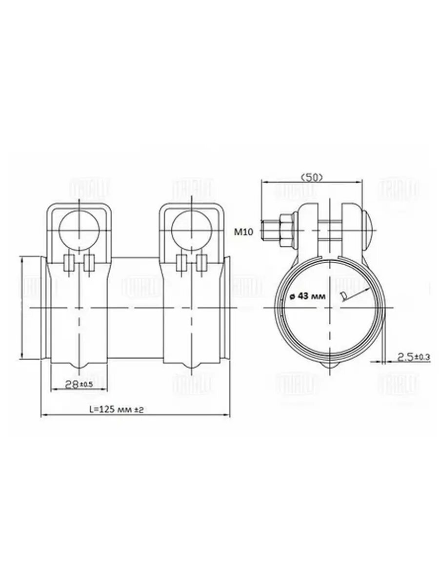 Хомут глушителя трубчатый с муфтой D=43 мм L=125 мм (оцинк.