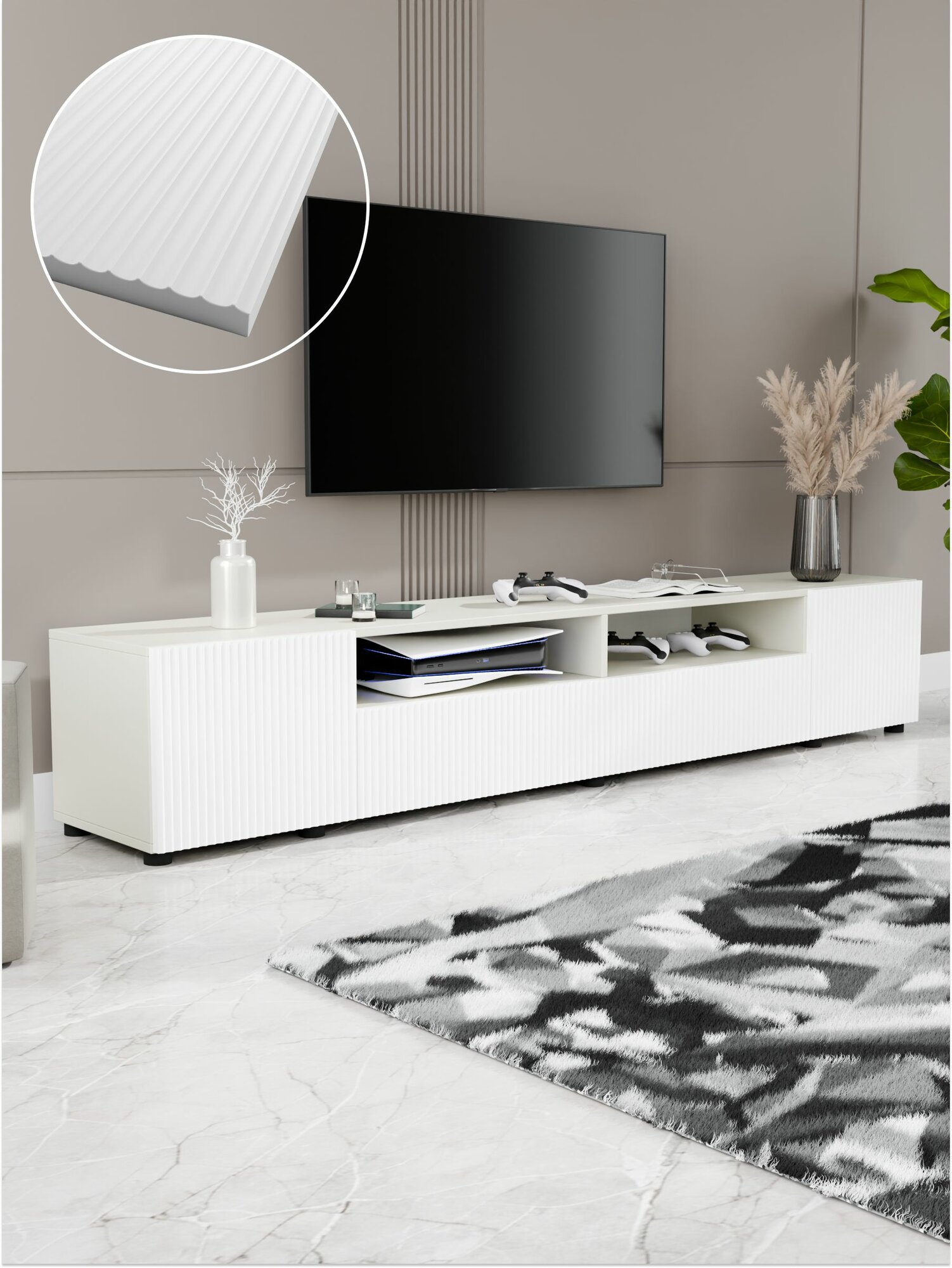 Изумлит Тумба под телевизор горизонт рифленый пленочный фасад 200х37.8х36.3 см, корпус бежевый/ фасад белый матовый