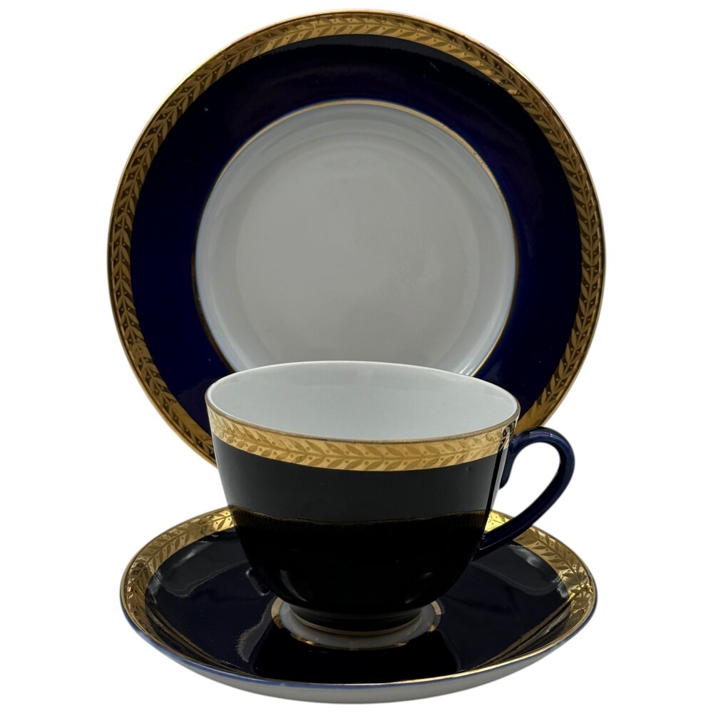 Чайное трио "Колосок", 250 мл, фарфор, кобальт, позолота, цировка, 1960-1970 гг, ЛФЗ, СССР