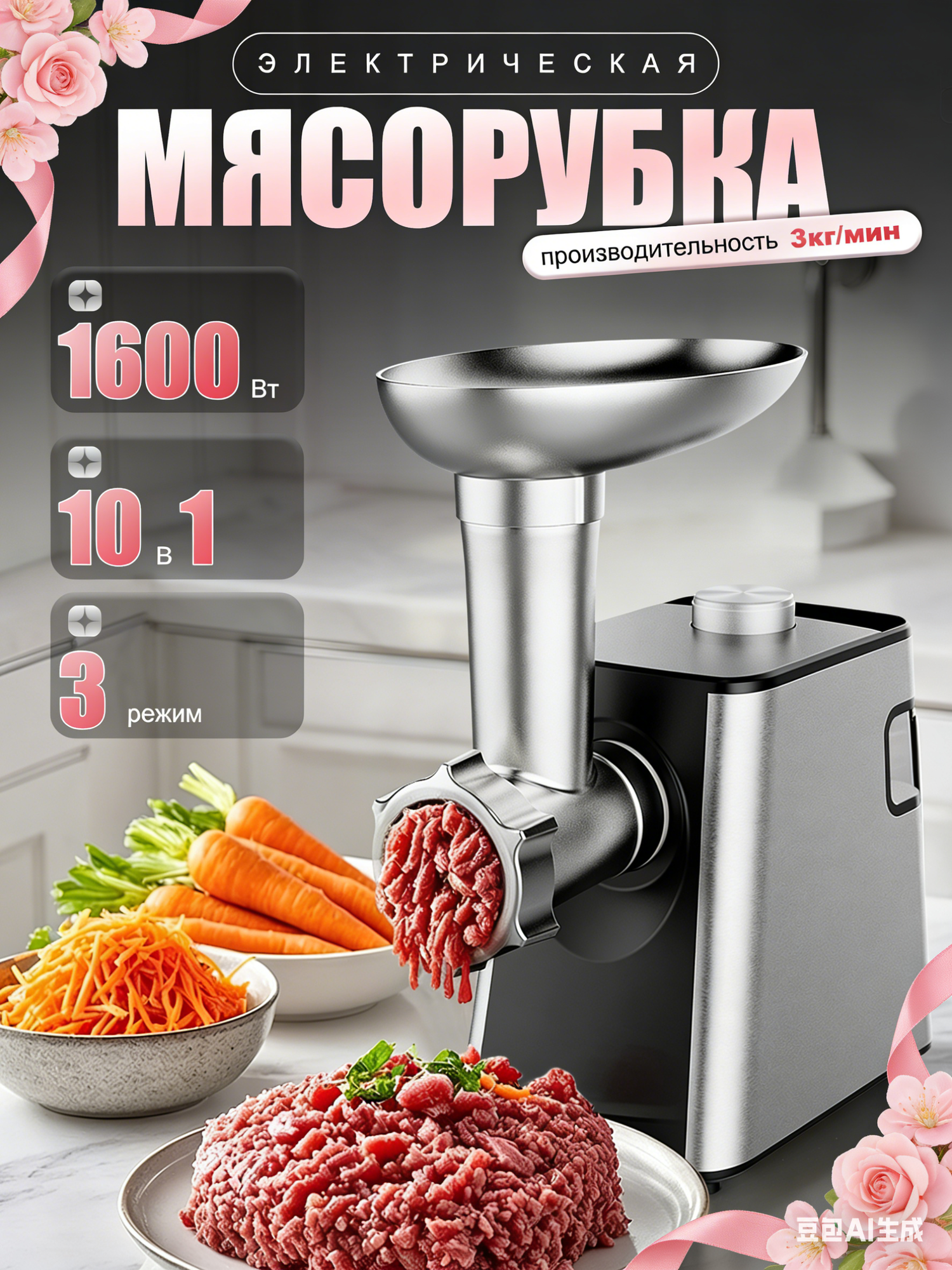 Мясорубка электрическая, Сяомин, сенсорное управление, с насадками, мощность 1600Вт, 3 кг/мин