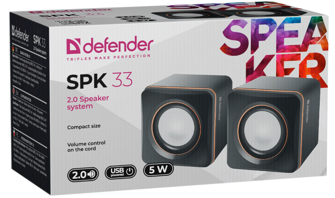 Колонки Defender SPK 33, USB-питание, стерео, черный, пластик — фото 1