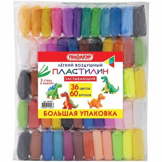 Пластилин Пифагор супер лёгкий воздушный застывающий 60 штук (36 цветов + 2х12 базовых), 510 г, 3 стека, , 107044