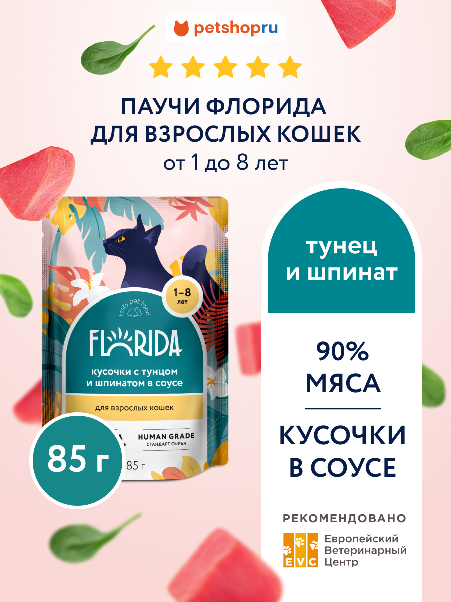 FLORIDA Паучи для кошек, влажный корм для взрослых кошек, кусочки с тунцом и шпинатом в соусе, 1 шт, 85 г