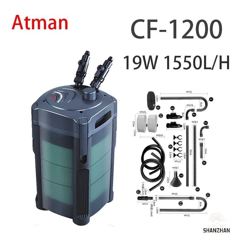Внешний фильтр Atman CF-1200 для аквариумов 100-150 см, производительность 1100 л/ч, 19 Вт, черный — фото 1