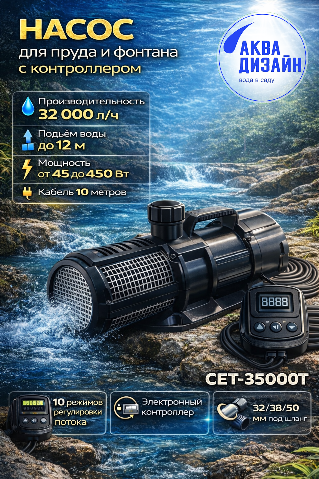 Насос для пруда и фонтана с контролером СЕТ-35000T(45-450W)
