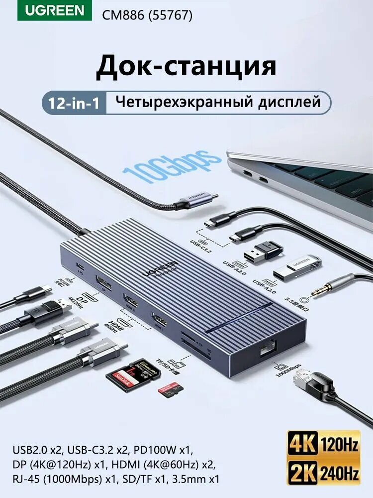 Док-станция UGREEN CM886 (55767) Хаб USB-C 12-in-1 DP (4K@120Hz)/HDMI (4K@60Hz) SD/TF RJ-45 (1000Mbps) 3.5mm USB-C 3.2 PD100W, Hub