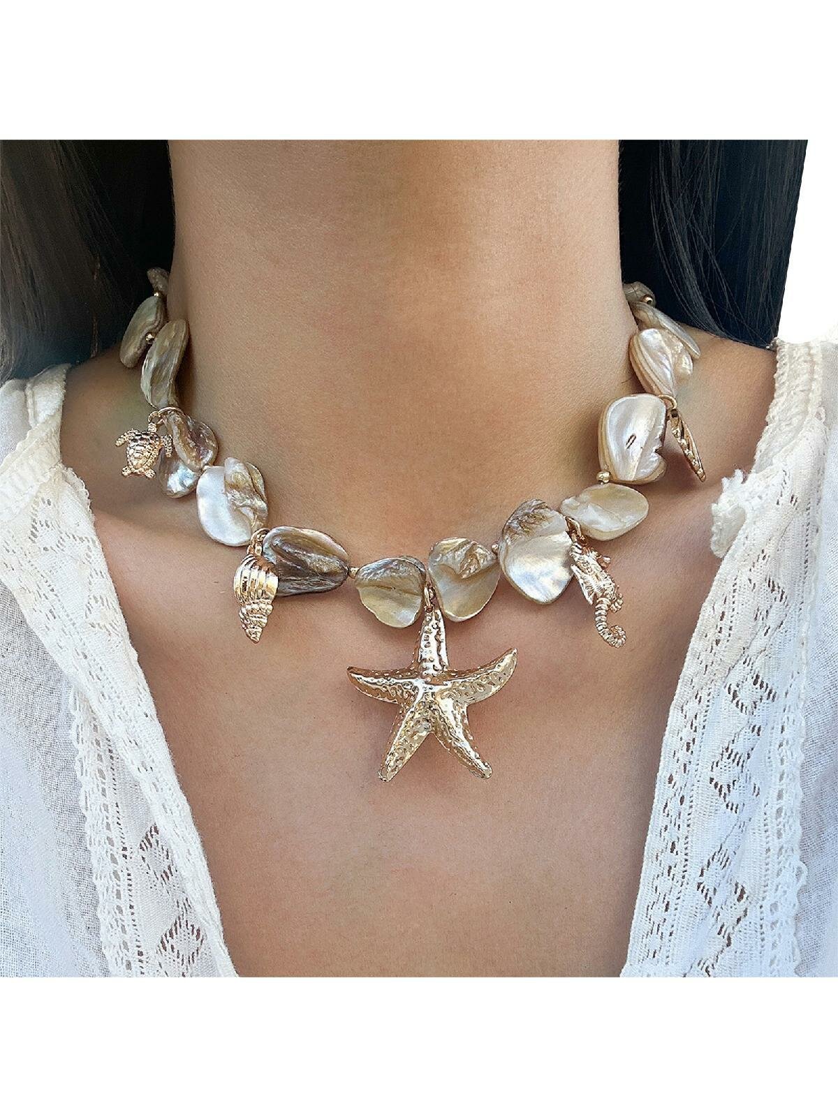 Ожерелье-чокер с раковиной и жемчужинами, C32 белый