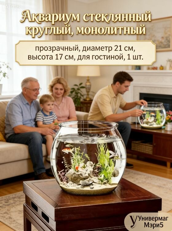 Аквариум стеклянный круглый, монолитный, прозрачный, диаметр 21 см, высота 17 см, для гостиной, 1 шт.