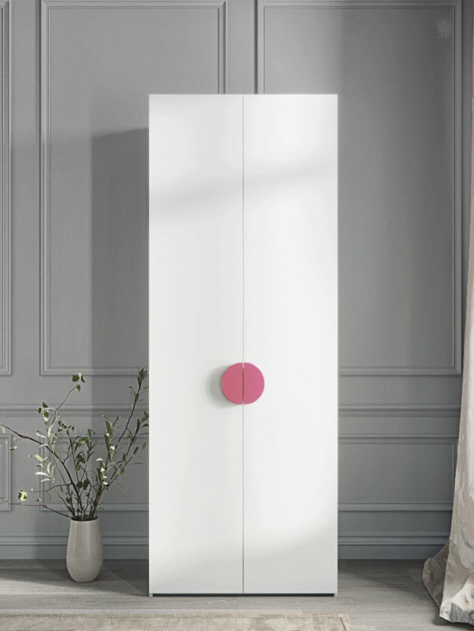 Casa Mia 100x50x210 см. шкаф в детскую комнату распашной с ящиками и полками, 2-дверный, белый, ручка круглая МДФ Розовая