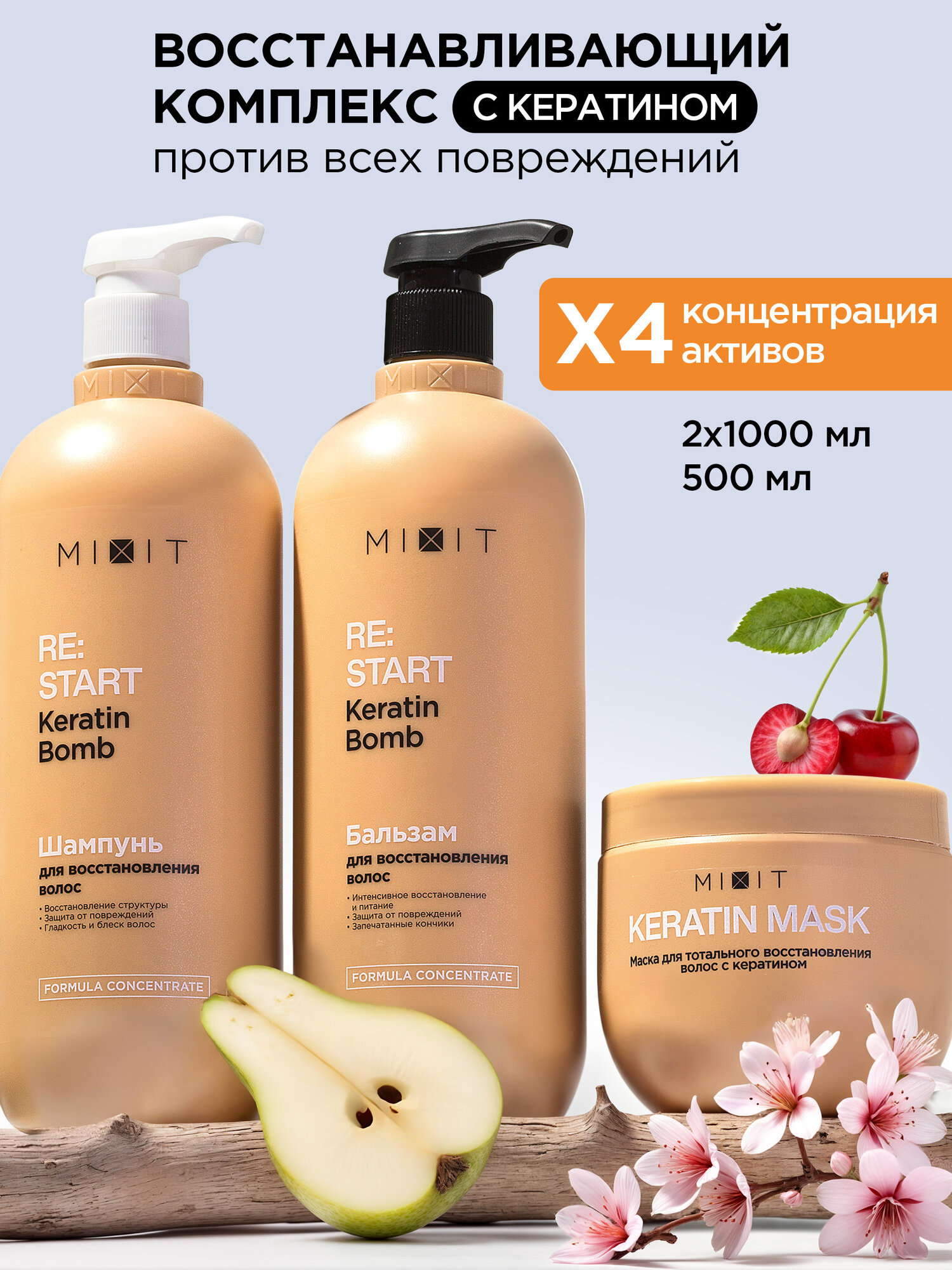 Набор для волос MIXIT маска, шампуь и бальзам для полного восстановления с кератином