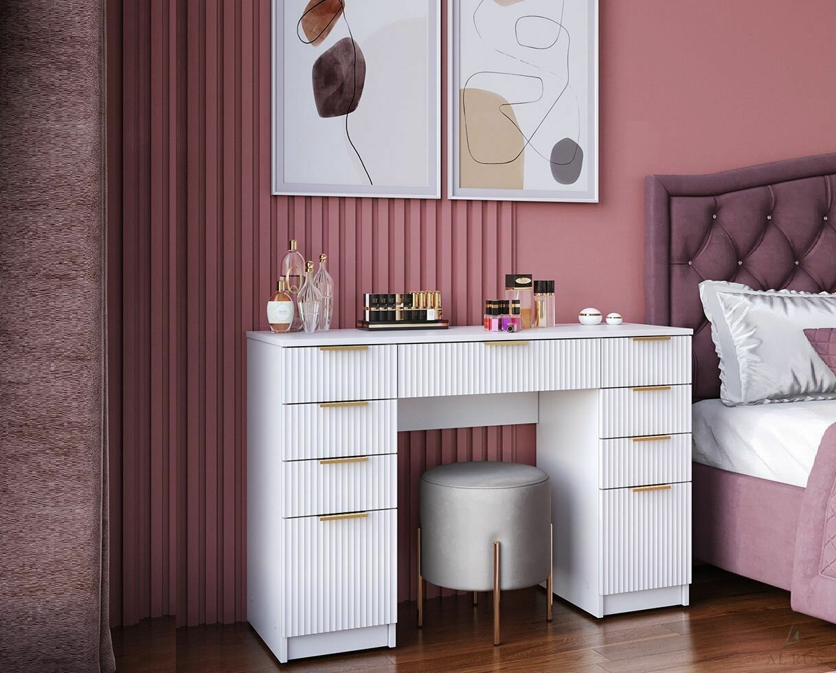 Гримёрный стол Волна 120 см. 9 ящиков, фасады МДФ матовый белый