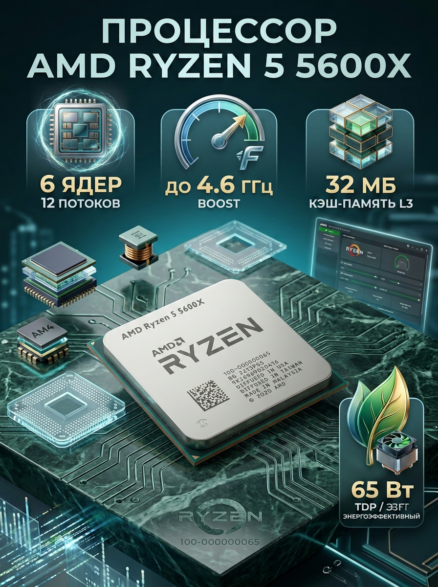 Процессор AMD Ryzen 5 5600X (CPU AM4, Vermeer, 6C/12T, 3.7/4.6GHz, 32MB, 65W), 100-000000065, OEM