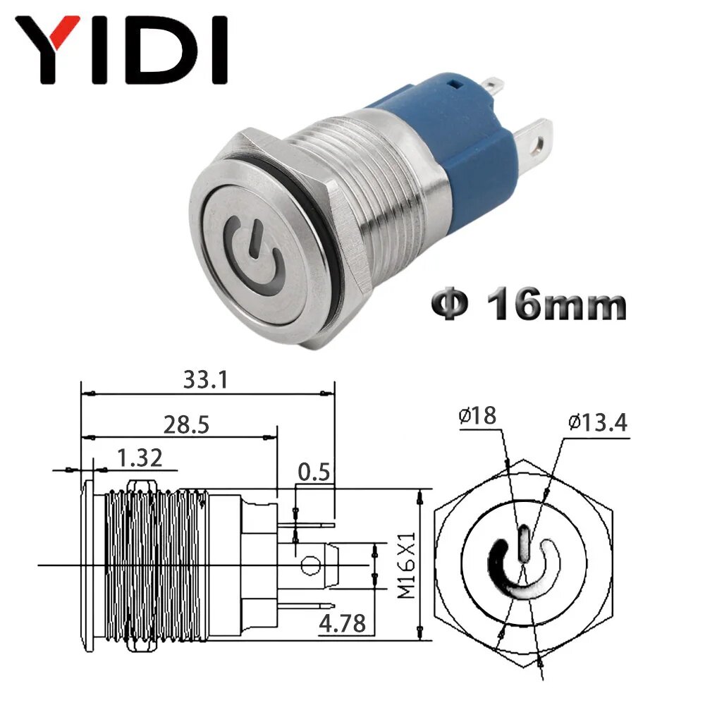 Выключатель YIDI 16 мм, зеленый LED, 12-24V