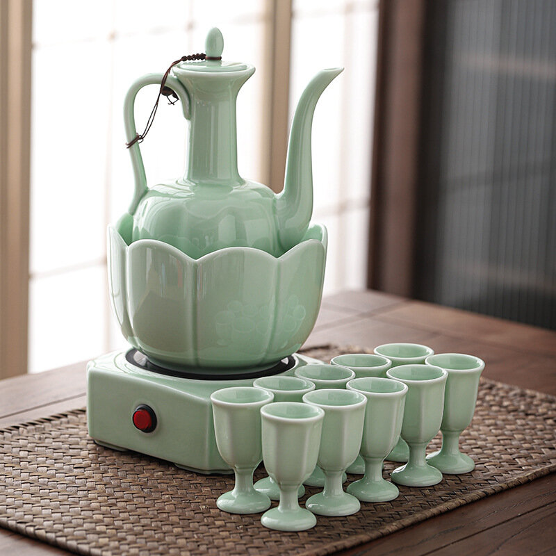 Керамический подогреваемый винный кувшин и набор для вина, домашняя чашка для напитков в китайском стиле из селадона, диспенсер для вина, чашка для саке и желтого вина.
