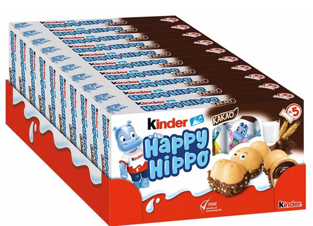 Шоколадно молочное печенье Kinder Happy Hippo Cacao, Киндер Хеппи Хиппо со вкусом какао (Германия), 10шт х 104 г