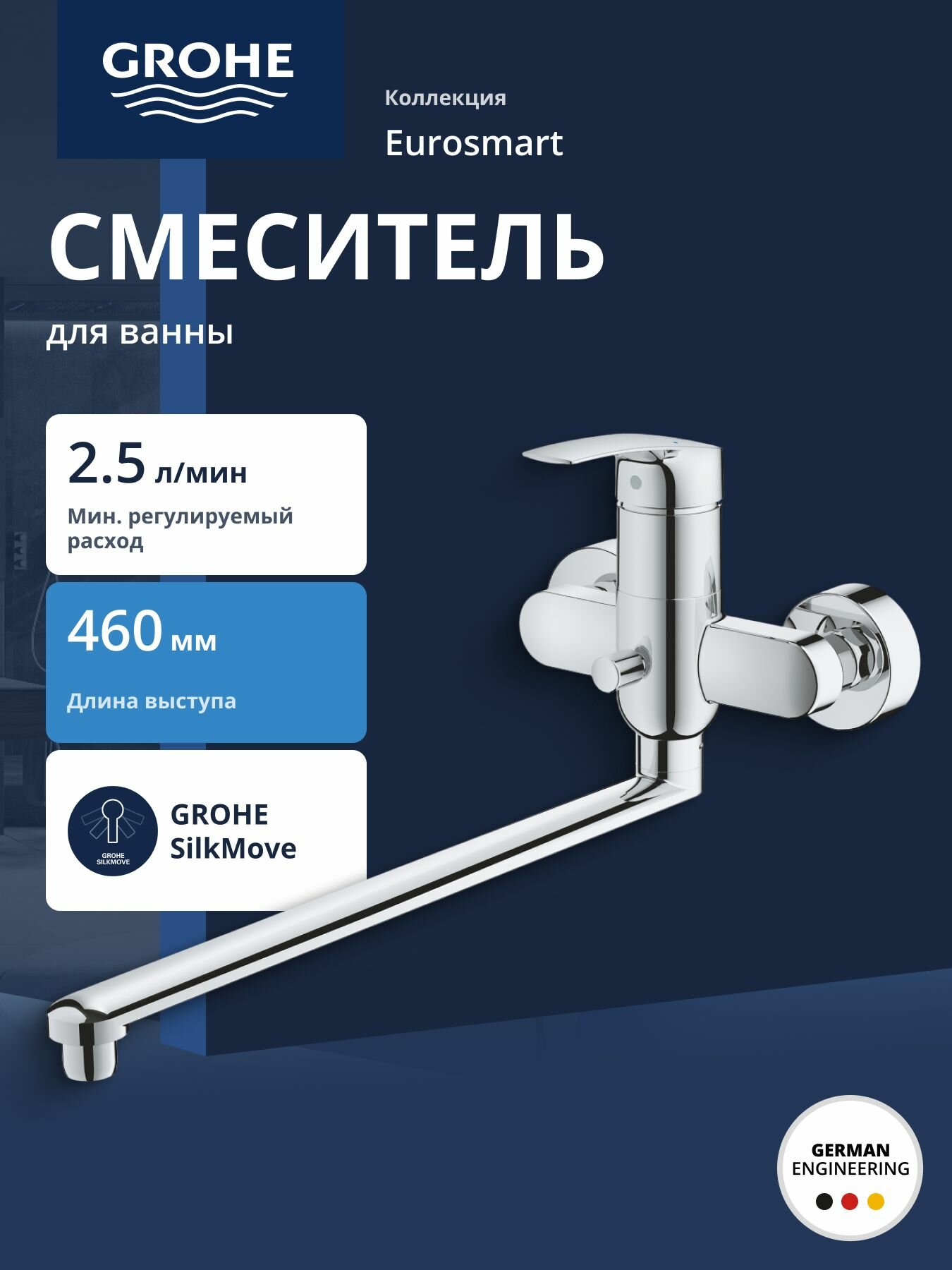 Смеситель для ванны с длинным изливом GROHE Eurosmart, однорычажный, хром