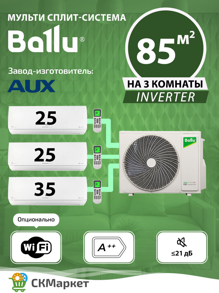 Мульти сплит система кондиционер на 3 комнаты (25+25+35) кв. м. Ballu Platinum Evolution BSUI-FM/in-09х2+12/ BA3OI-FM/out-27 HN8/EU, для помещений 85 кв. м, кондиционер инверторный