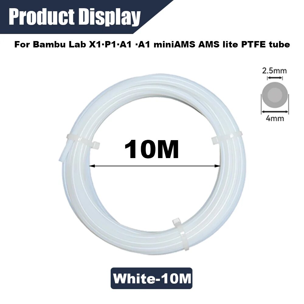PTFE трубка 2.5x4 мм, 10м, White для Bambu Lab