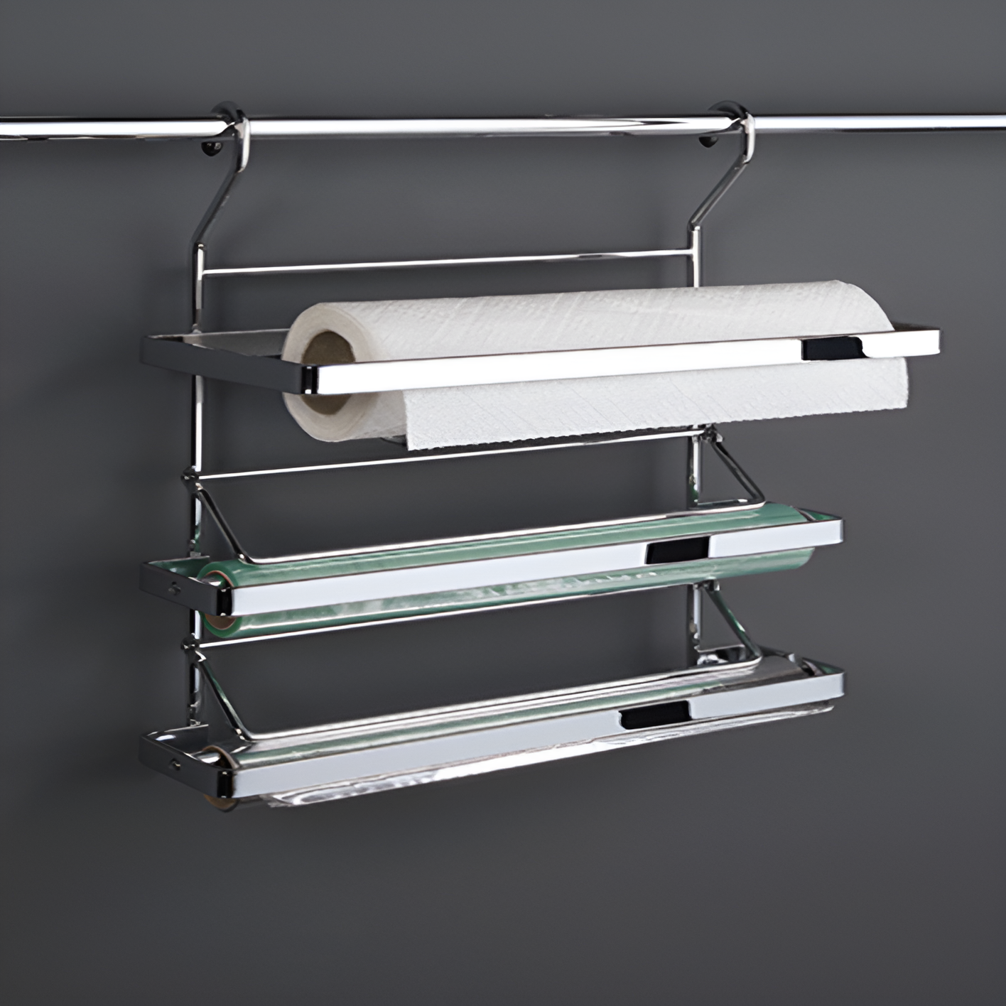 Полка на рейлинг, для рулонов бумаги и фольги (с двумя зубчатыми ножами) Хром