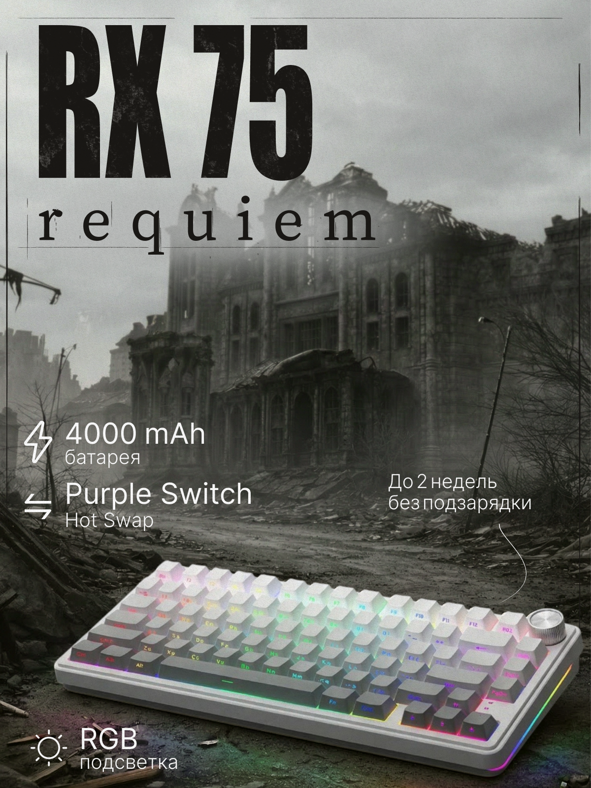 Клавиатура игровая механическая RX75 Pro, белый-серый, Purple Switch, 75%, 81 клавиша, RGB, беспроводная