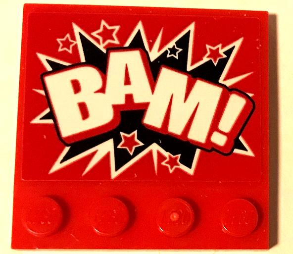 Tile, Modified 4 x 4 with Studs on Edge with 'BAM!' and Stars on Black and White Starburst Pattern (Sticker) - Set 70922, 6179pb239 Red U