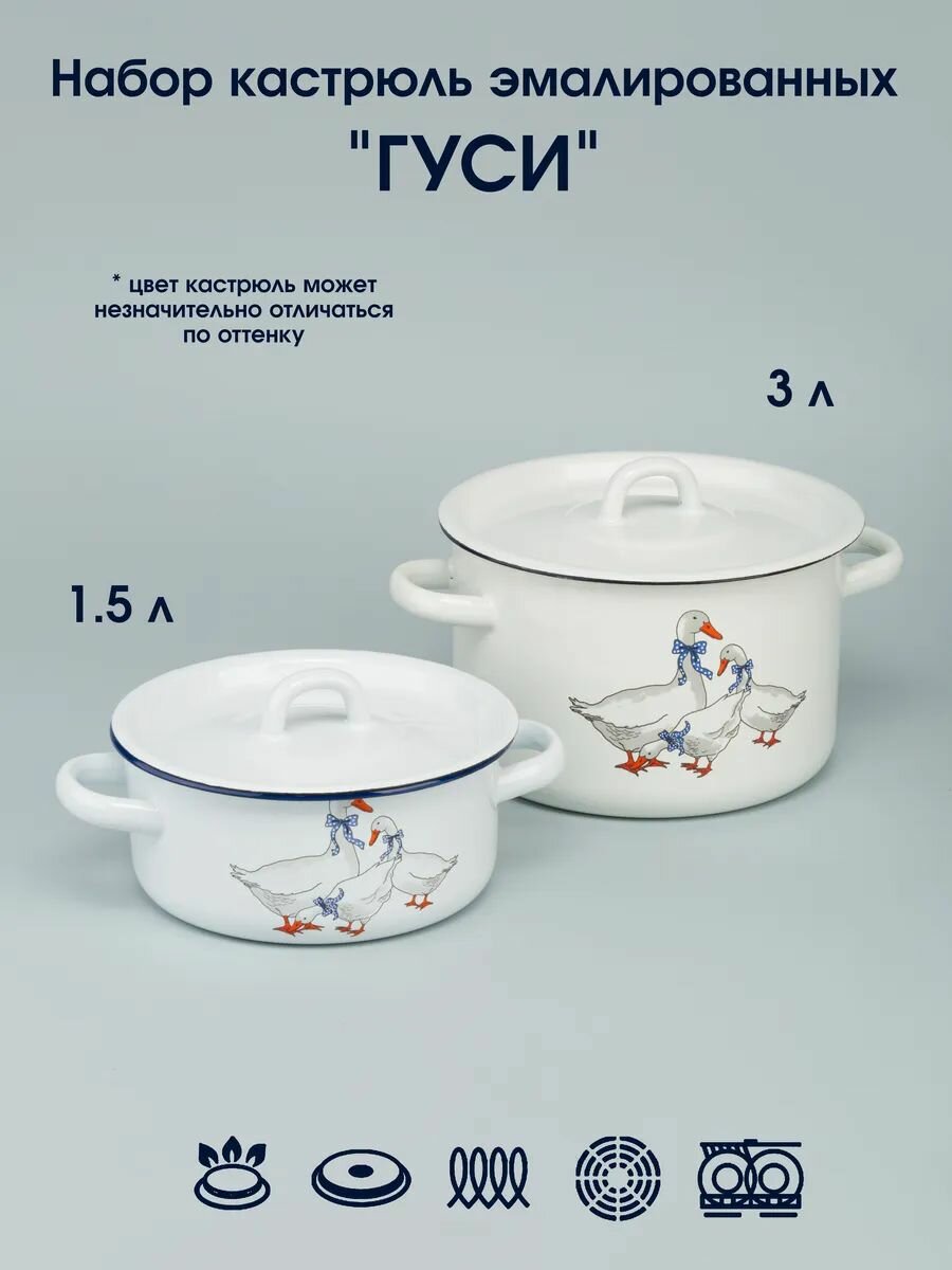 Кастрюля эмалированная 1,5 + 3 л Гуси