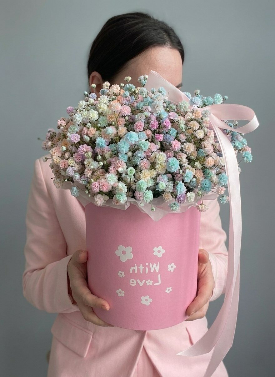 Нежная корзина с пушистой гипсофилой, нежная гипсофила в коробке