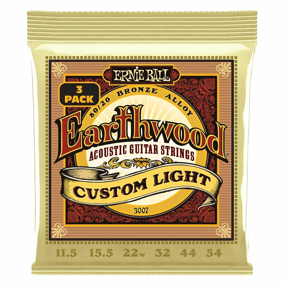 Струны для акустической гитары ERNIE BALL 3007 Earthwood 80/20 Bronze Custom Light 3 Pack 11.5-54