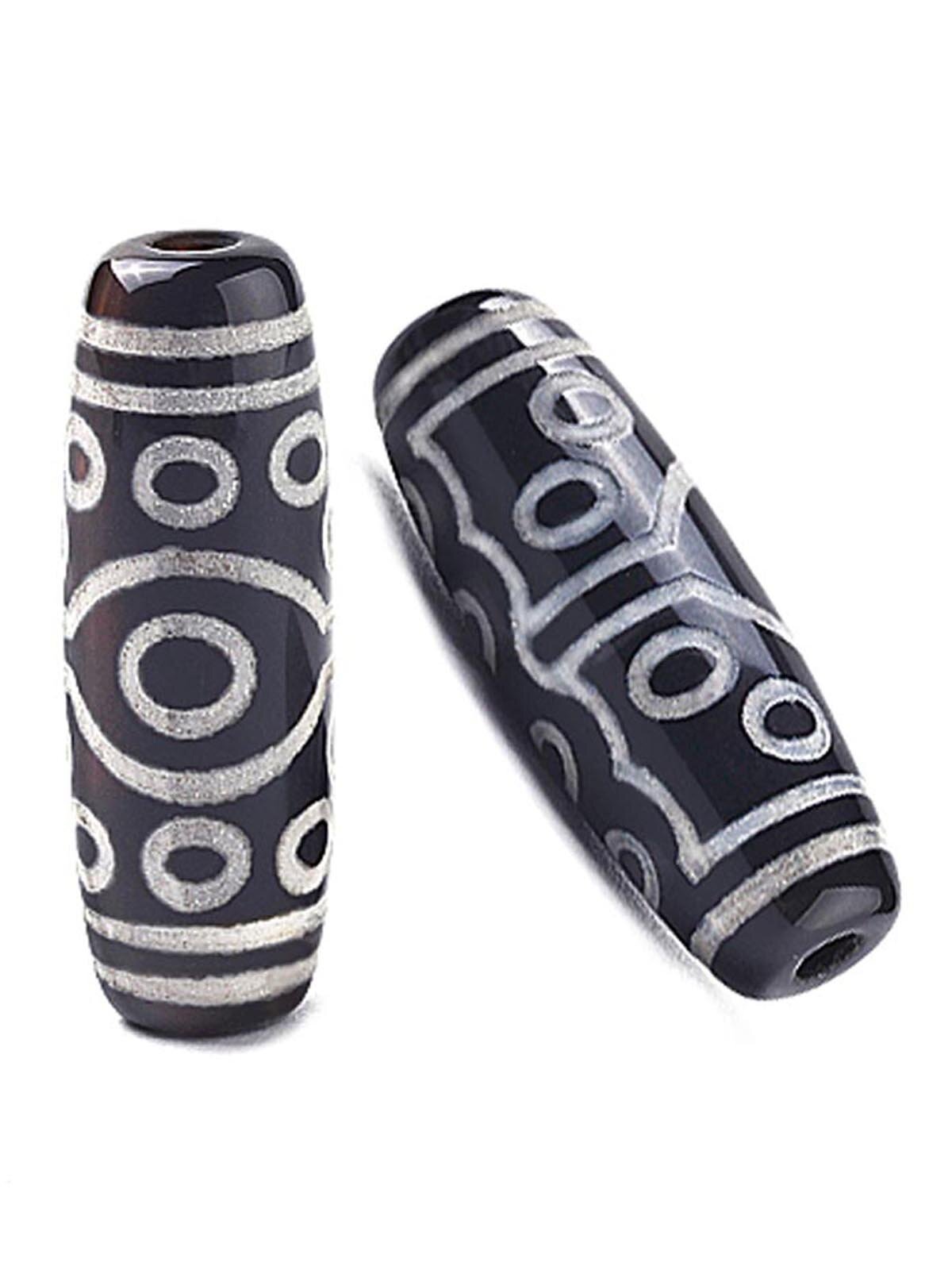 Бусина Дзи натуральный камень Агат черный с белым 15-глазая 0010830 цилиндр 30x12 мм, цена за 1 шт.