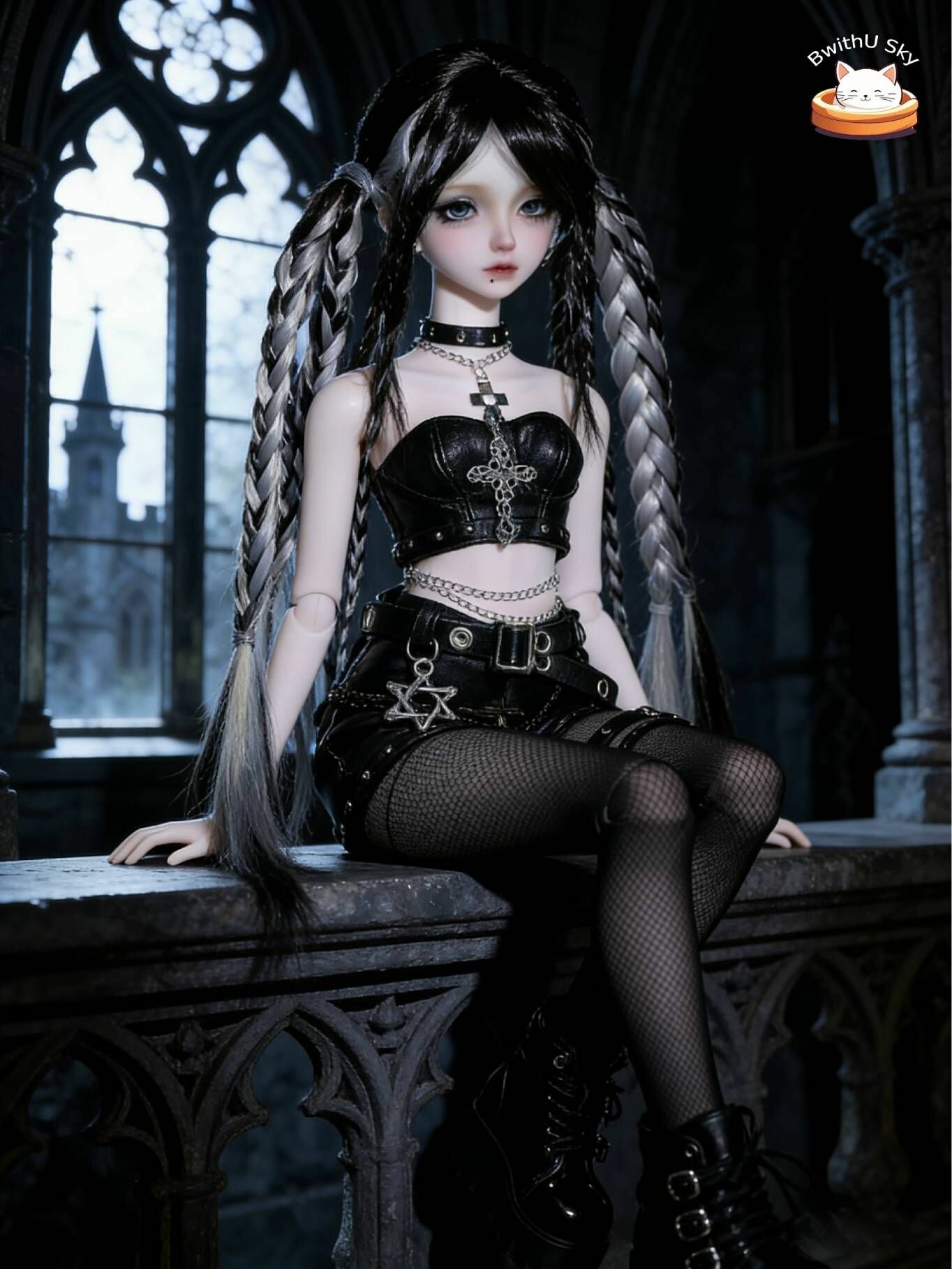 BwithUSky Sano 1/4 BJD Кукла: Черный Кожаный Панк-Наряд с Металлическими Акцентами, Крутой Девчачий Лук