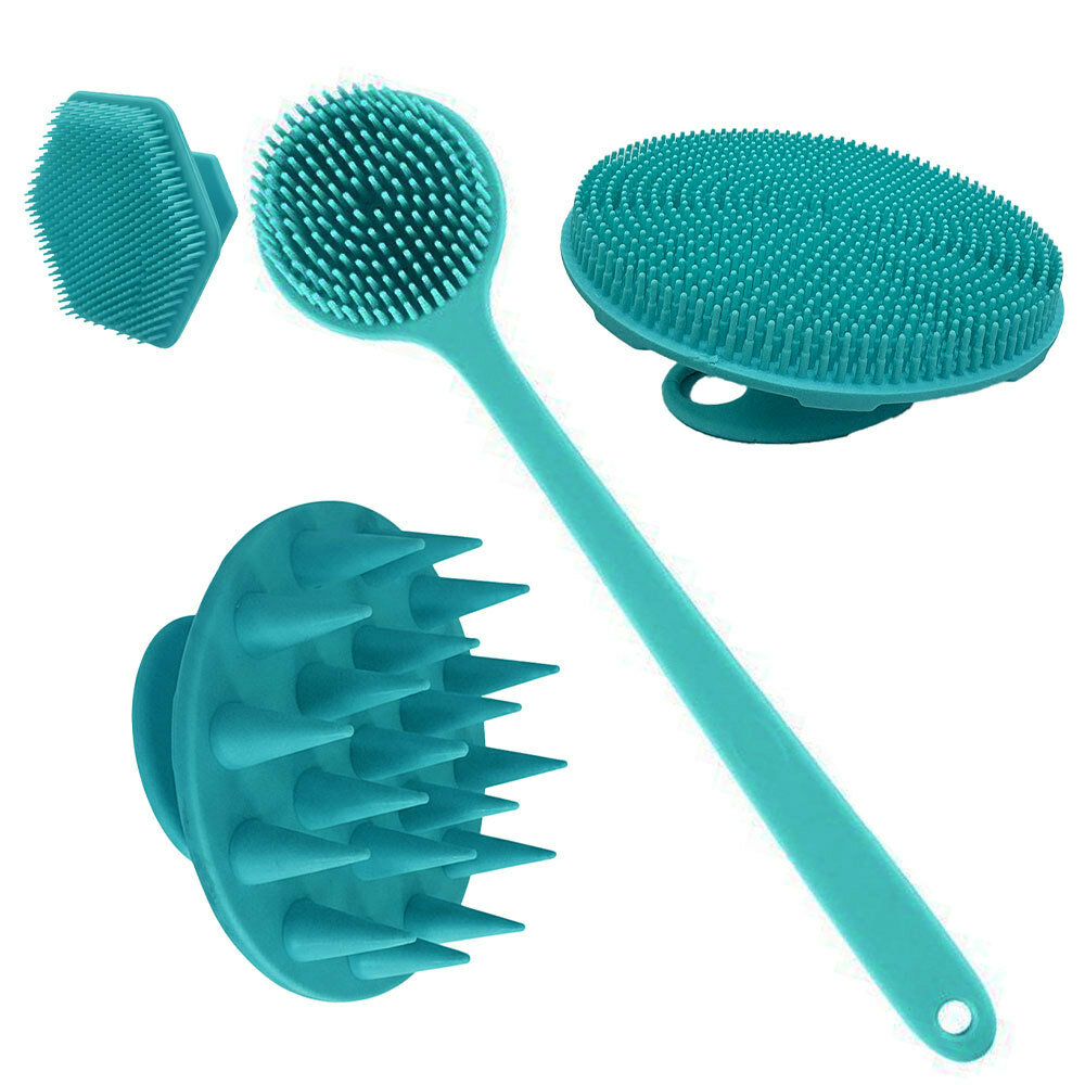 Набор из четырех предметов для умывания лица, мытья волос и тела: силиконовая щетка для ванны, очищающее средство для лица, щетка для тела и массажер с длинной ручкой.