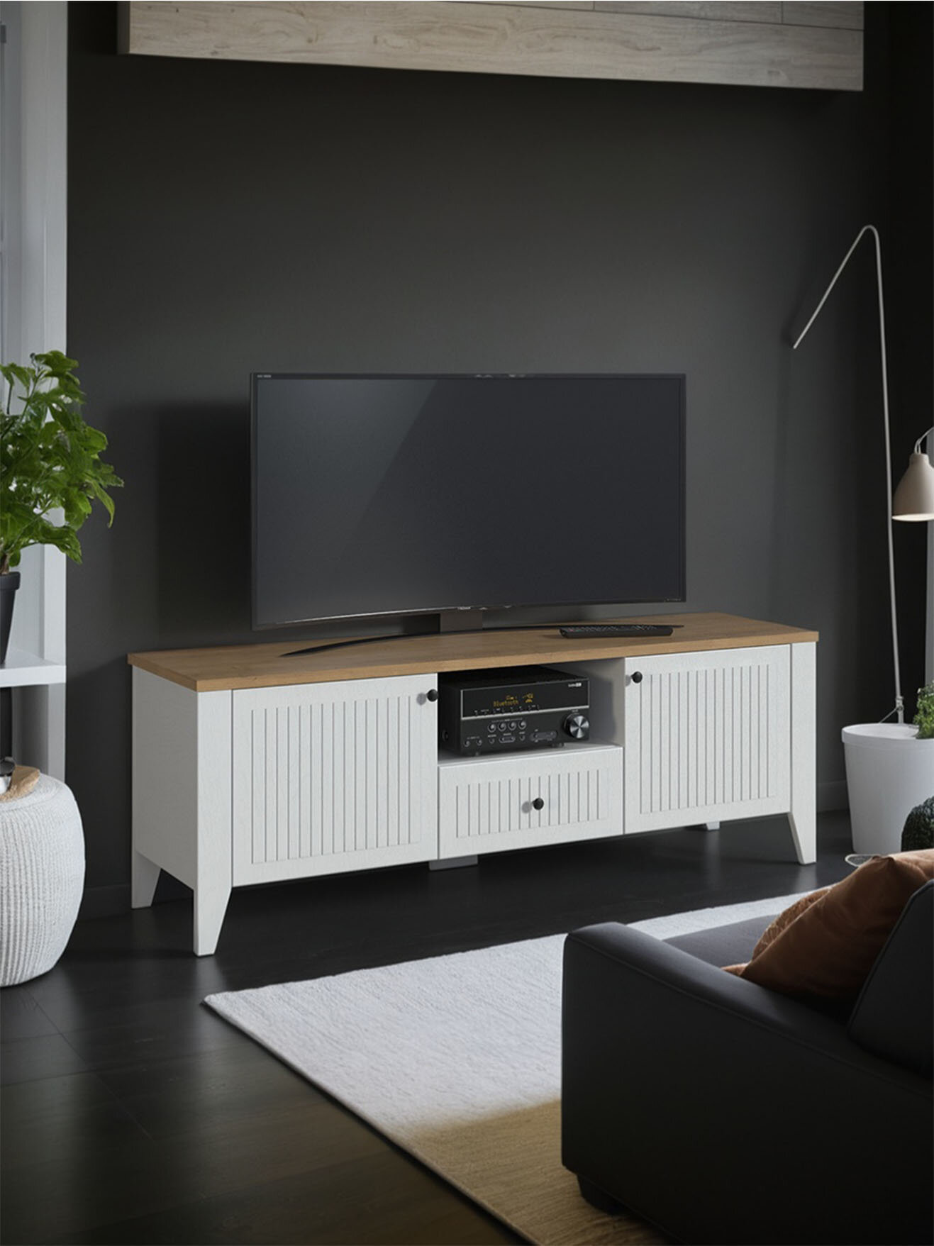 Тумба под телевизор столплит Монтана СБ-3557 с полками и ящиком, ЛДСП, МДФ, Белый Альпийский, Дуб Гамильтон, 149х41х53 см