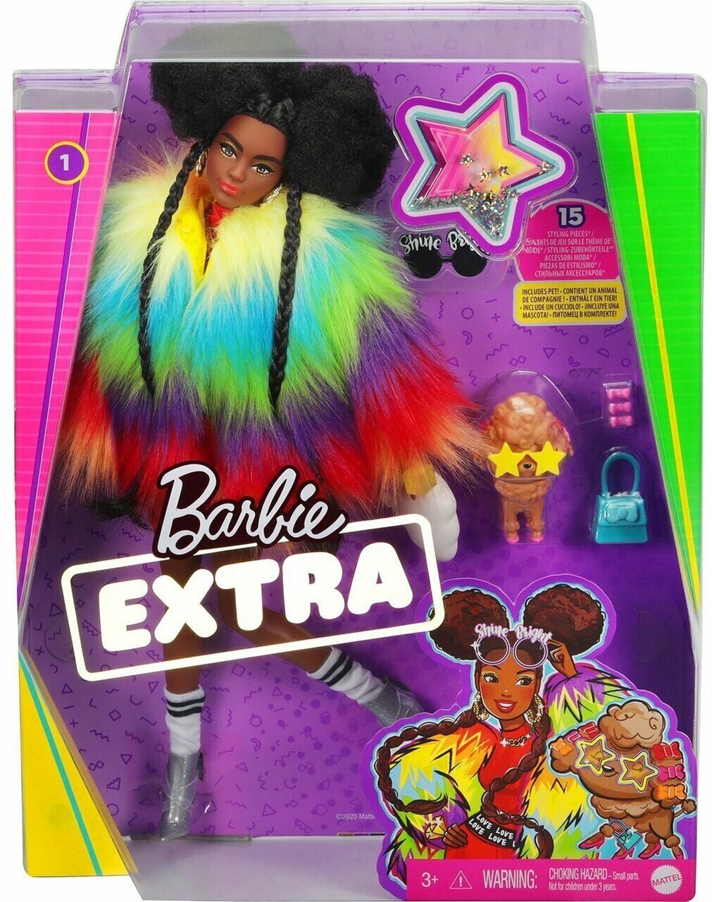 Кукла Барби Экстра Стильная Модница в радужной шубке Мулатка Barbie Extra Doll #1 in Rainbow Coat with Pet Poodle, GVR04, 30 см