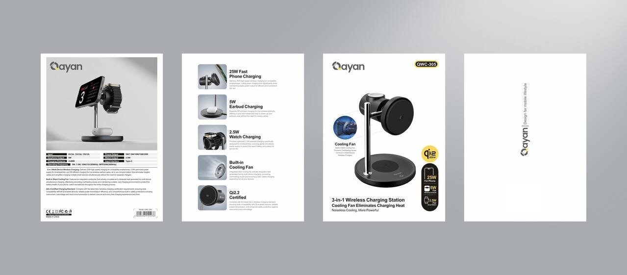 Беспроводная зарядная станция 3-in-1, Qayan QWC-305 Wireless Station Cooling Fan, QI2.2 Max Power 32.5W, Черный