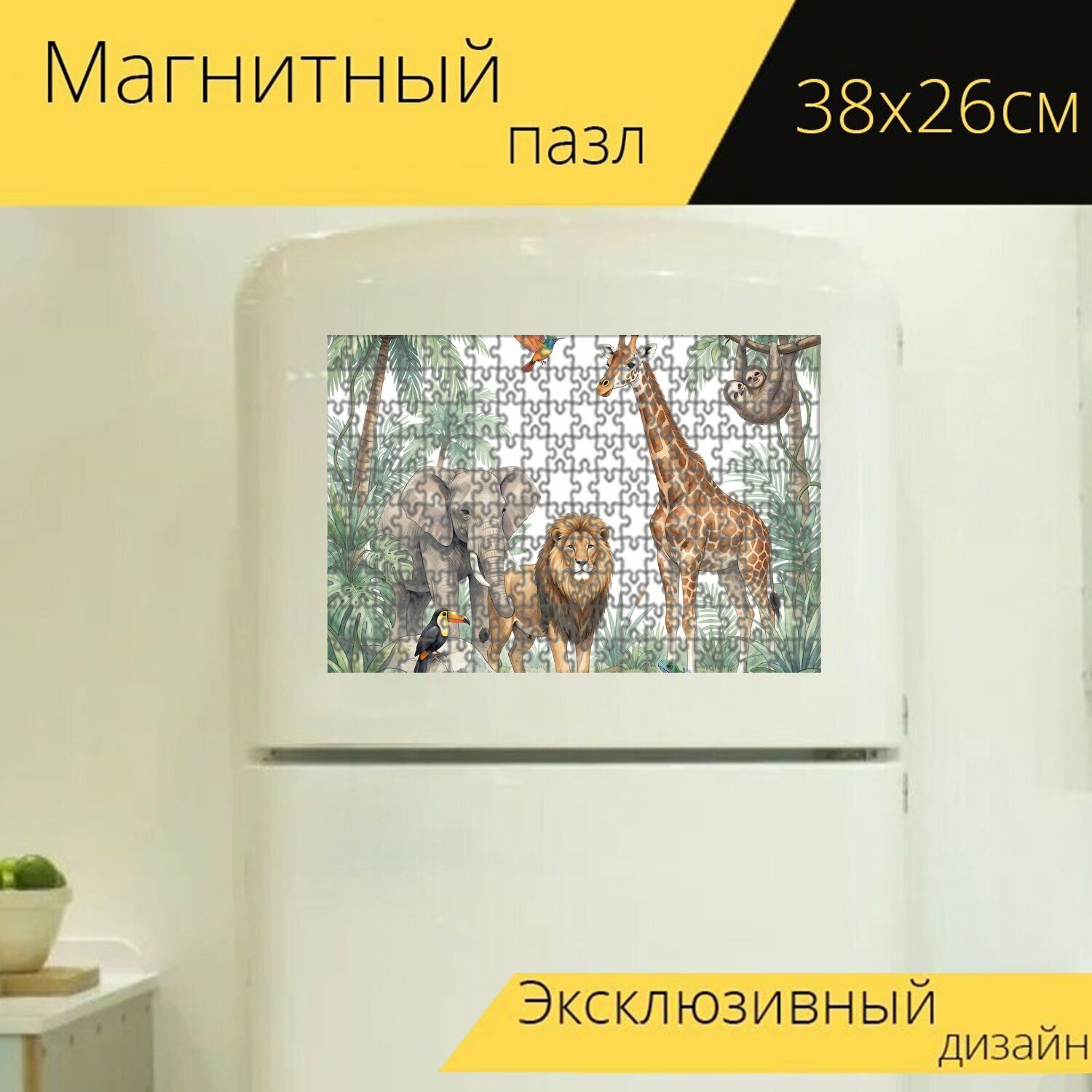 Магнитный пазл "Сафари звери в тропиках. Акварельная иллюстрация джунглей с африканской фауной: слон, лев, жираф, ленивцы, тукан, колибри и ящерица среди." для интерьера, 38х26 см.