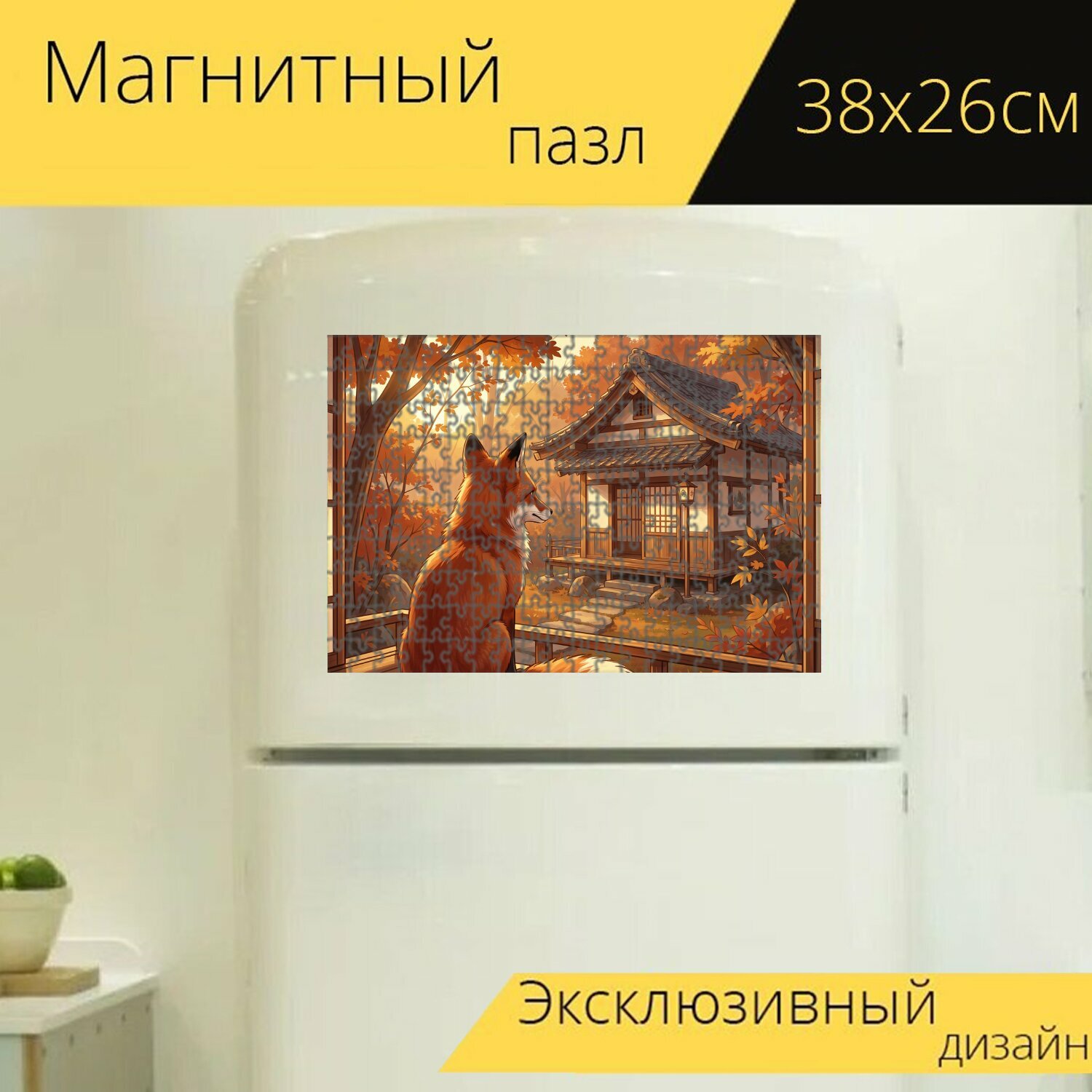 Магнитный пазл "Лиса у японского домика осенью. Рыжая лесная хищница на деревянной веранде любуется традиционным восточным жилищем среди кленов. Теплая." для интерьера, 38х26 см.