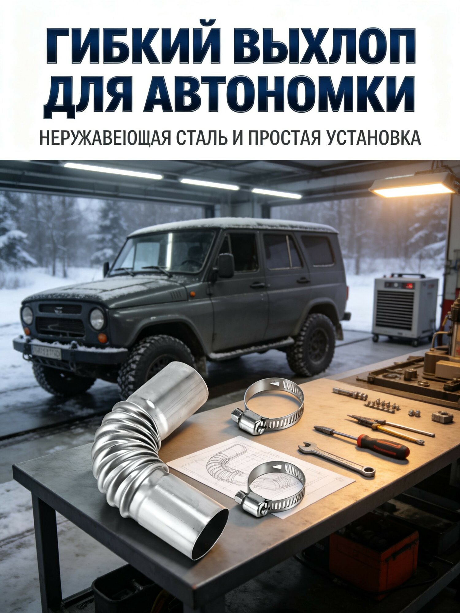 Труба выхлопная из нержавеющей стали для автономного отопителя, колено 2,7 см и два хомута — удобный монтаж в сборке