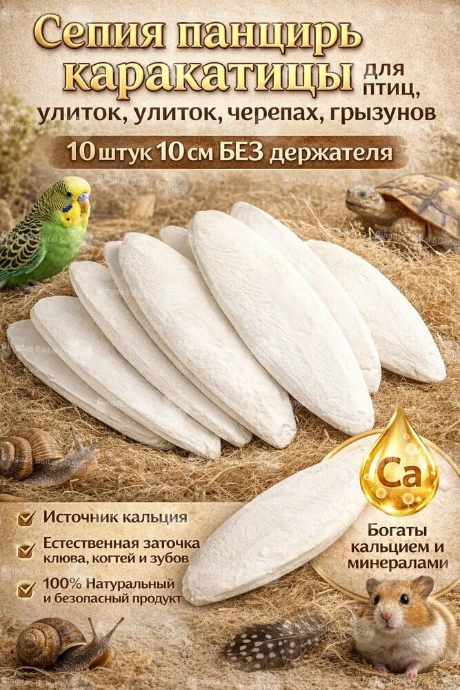 Сепия панцирь каракатицы для птиц, улиток, черепах, грызунов 10 штуки 10 см без держателя